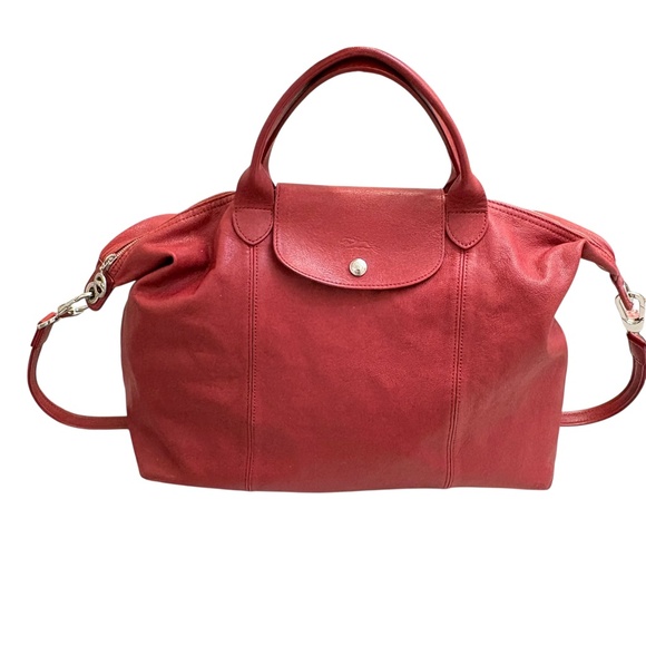 Longchamp | Bags | Longchamp Le Pliage Red Leather Two Way Bag | Poshmark
